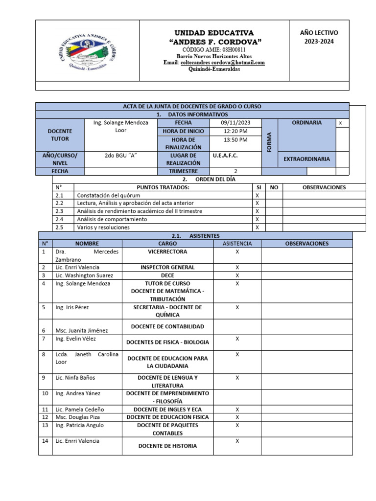 ACTA de JUNTA de GRADO 2do Bachillerato_segundo Trimestre | PDF
