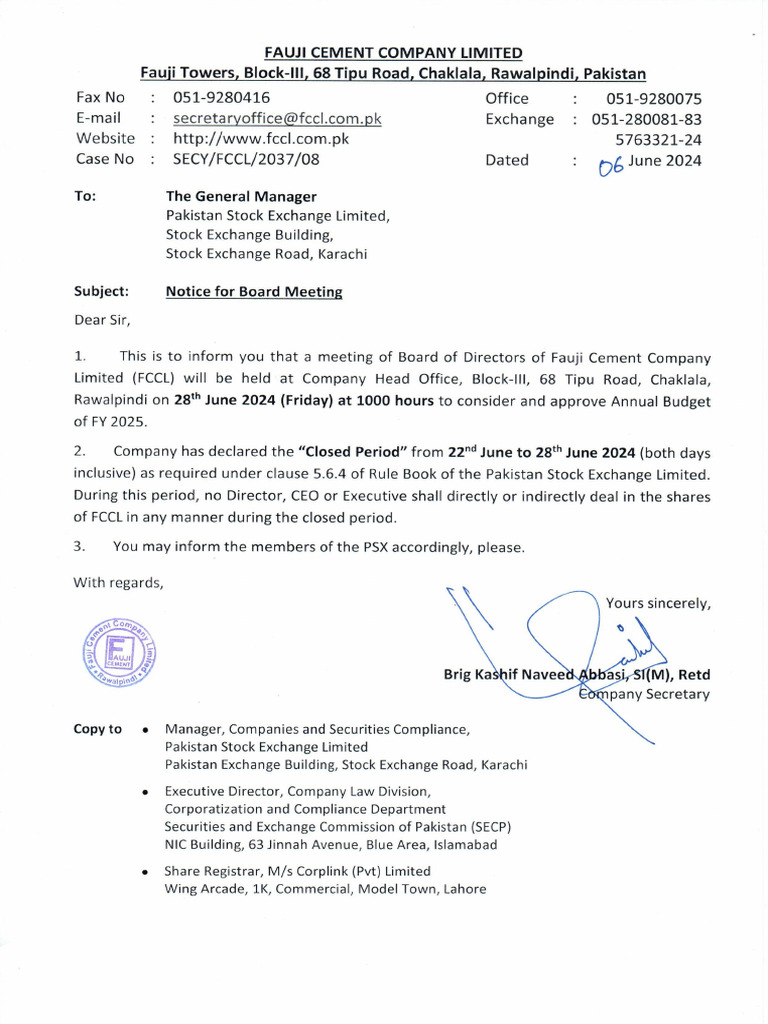 FCCL-Board Meeting Other Than Financial Results | PDF