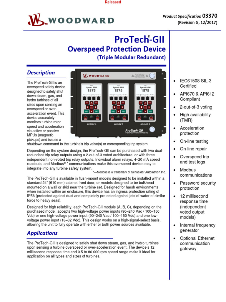 Woodward Protech GII Product Specification | PDF | Relay | High Voltage