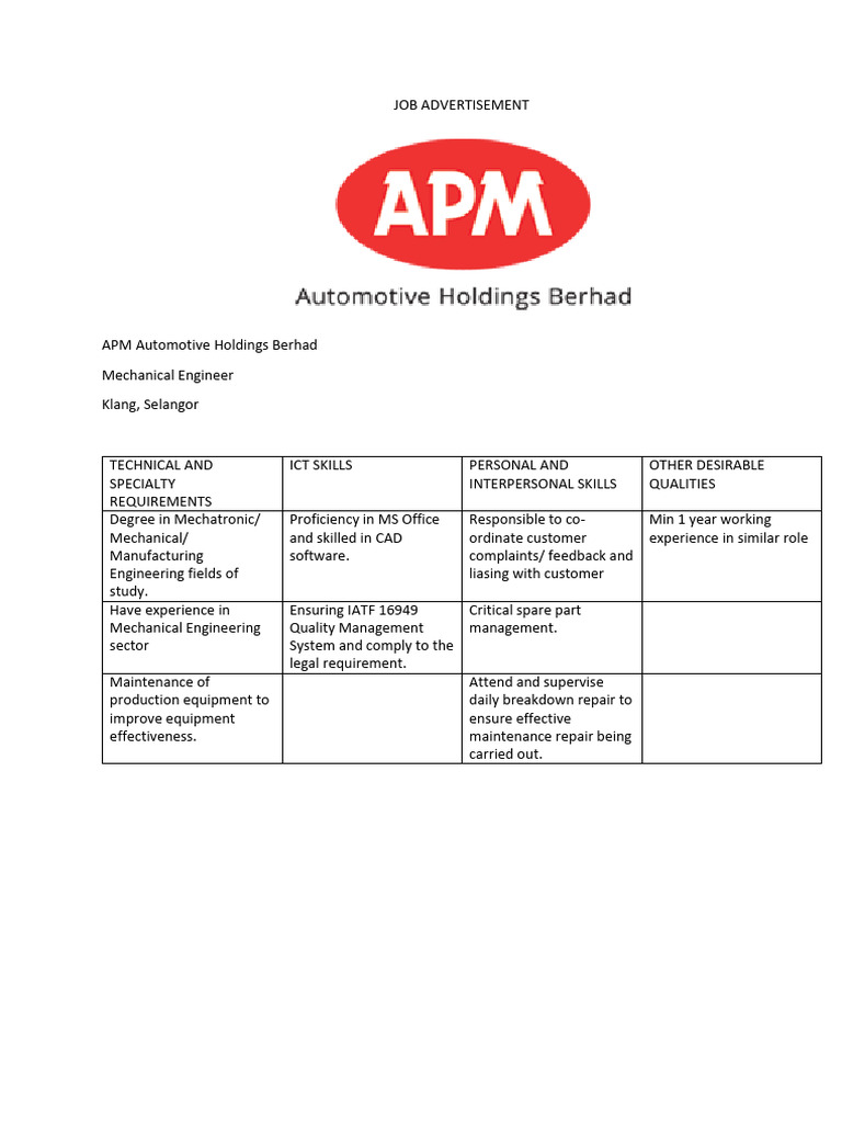 Job Advertisement Mec400 | PDF | Engineering | Mechanical Engineering