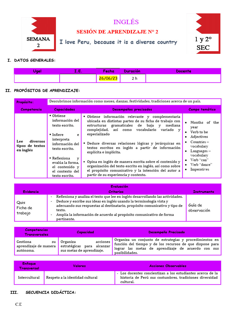 1° y 2° SESIÓN DE APRENDIZAJE SESIÓN 2-SEM.2-EXP.4-INGLES | Descargar gratis PDF | Aprendizaje ...
