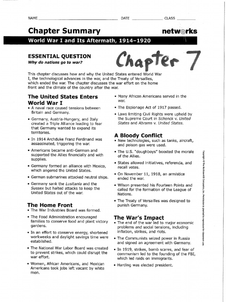 Chapter 7 World War I Summary | PDF