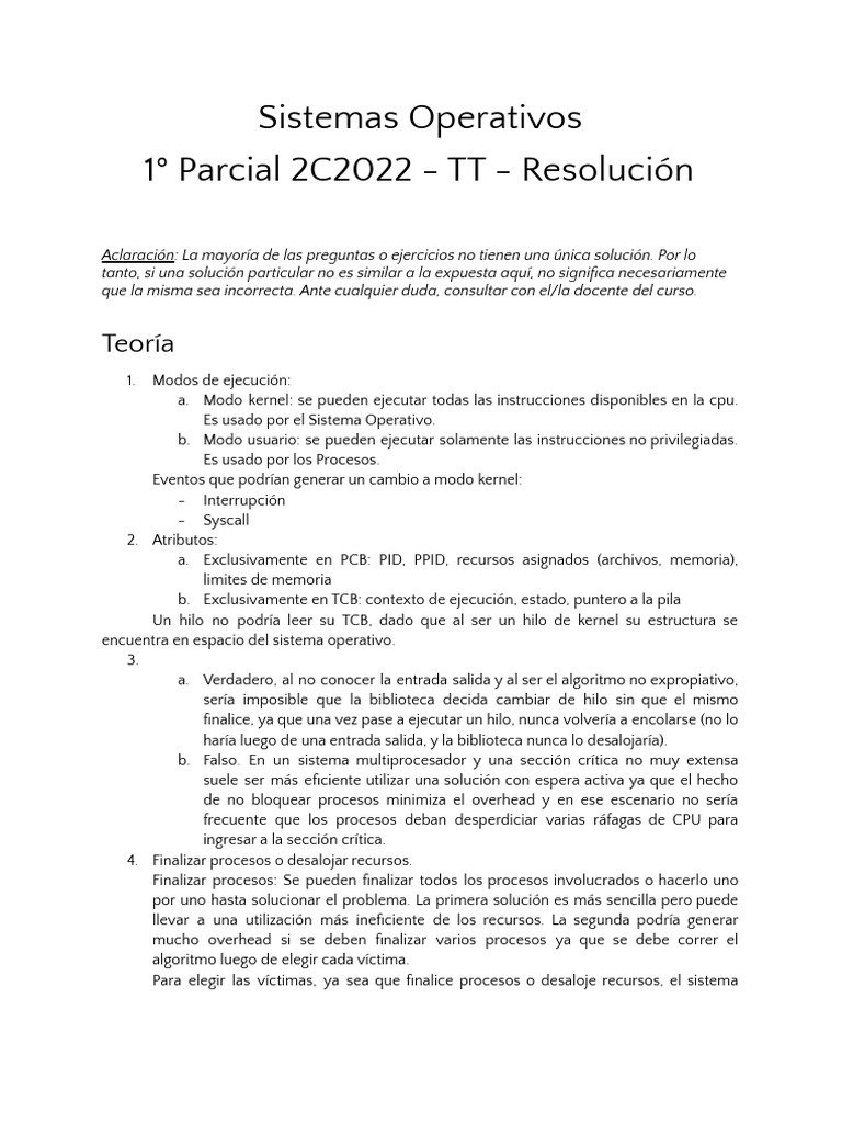 1° Parcial 2C2022 - TT - Resolución | PDF | Hilo (Computación) | Sistema operativo