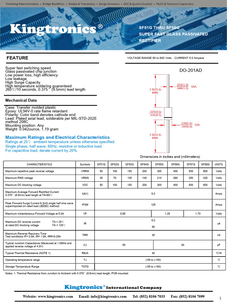 Feature DO-201AD: Maximum Ratings and Electrical Characteristics | PDF | Rectifier | Diode