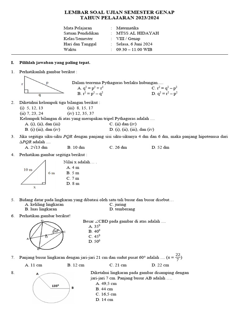 Soal Matematika Kelas 8 2024 OK | PDF