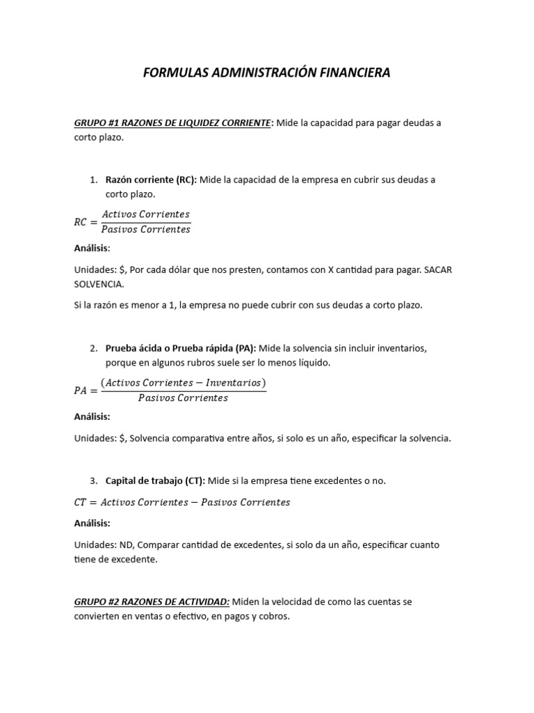 Fórmulas Clave en Administración Financiera | PDF | Compartir (Finanzas ...