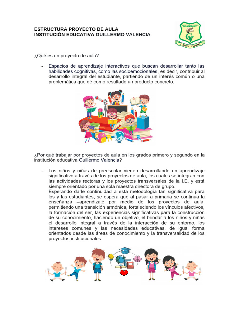 ESTRUCTURA PROYECTO DE AULA- GUILLERMO VALENCIA - 2024 | PDF | Salón de ...