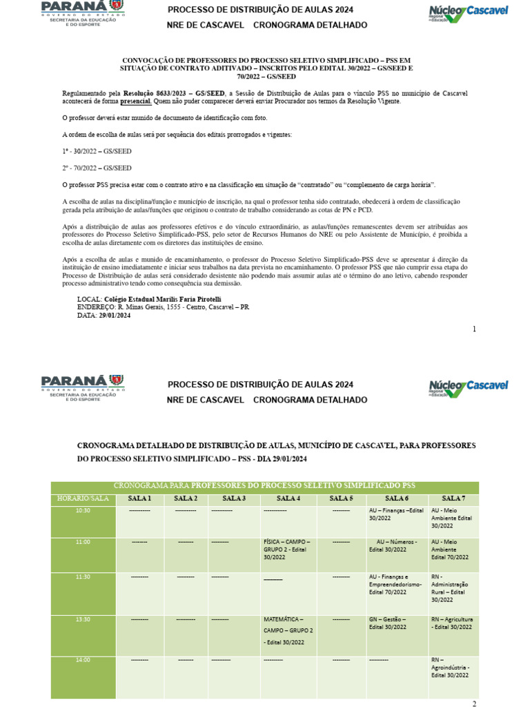 Cronograma Detalhado Distribuicao de Aulas PSS | PDF