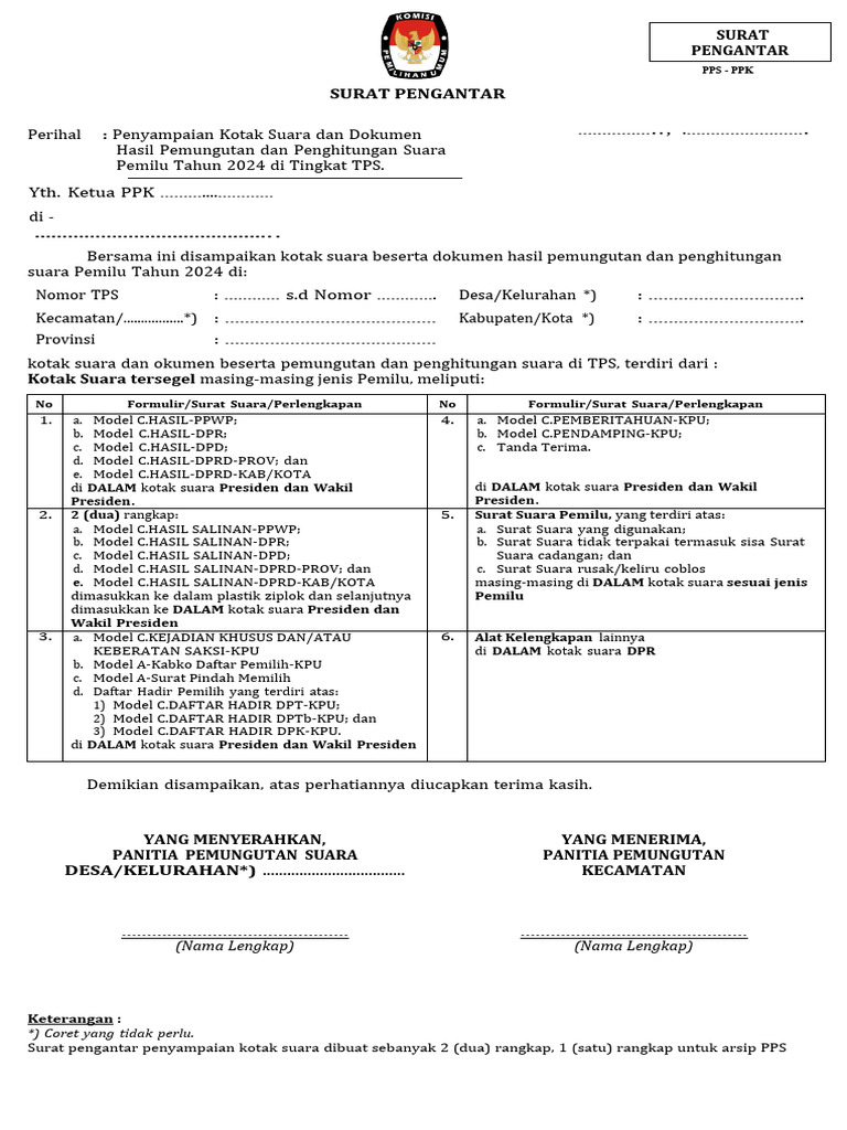 Surat Pengantar Penyampaian Berita Acara (PPS ke PPK) | PDF