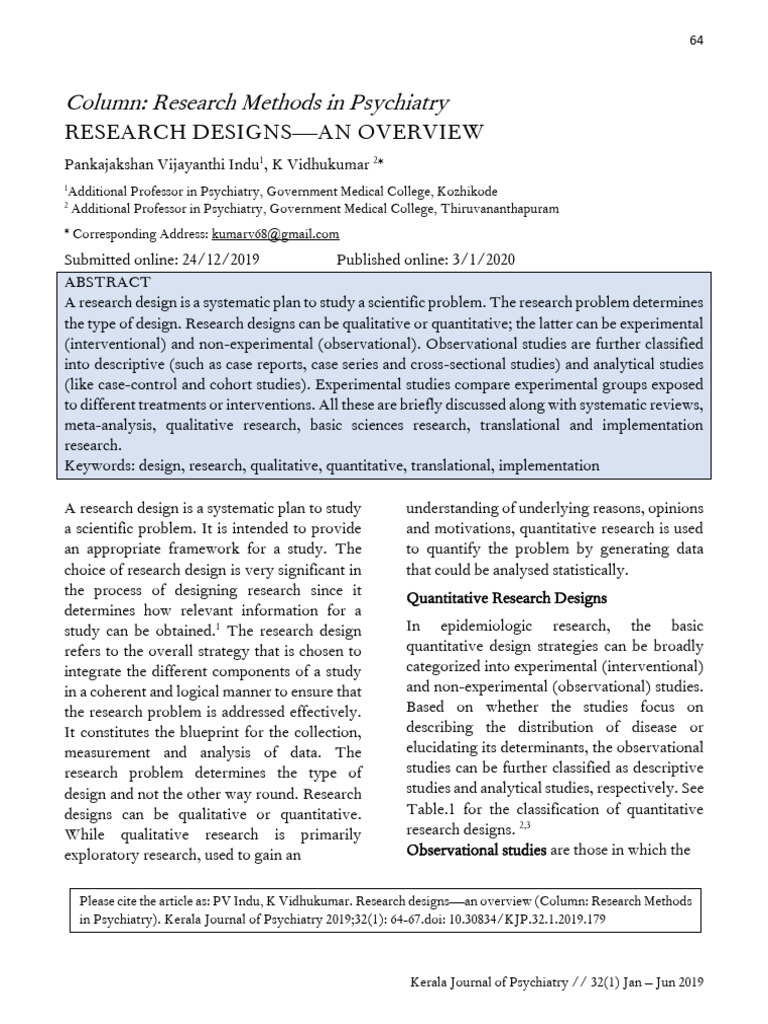 Column: Research Methods in Psychiatry: Research Designs-An Overview ...