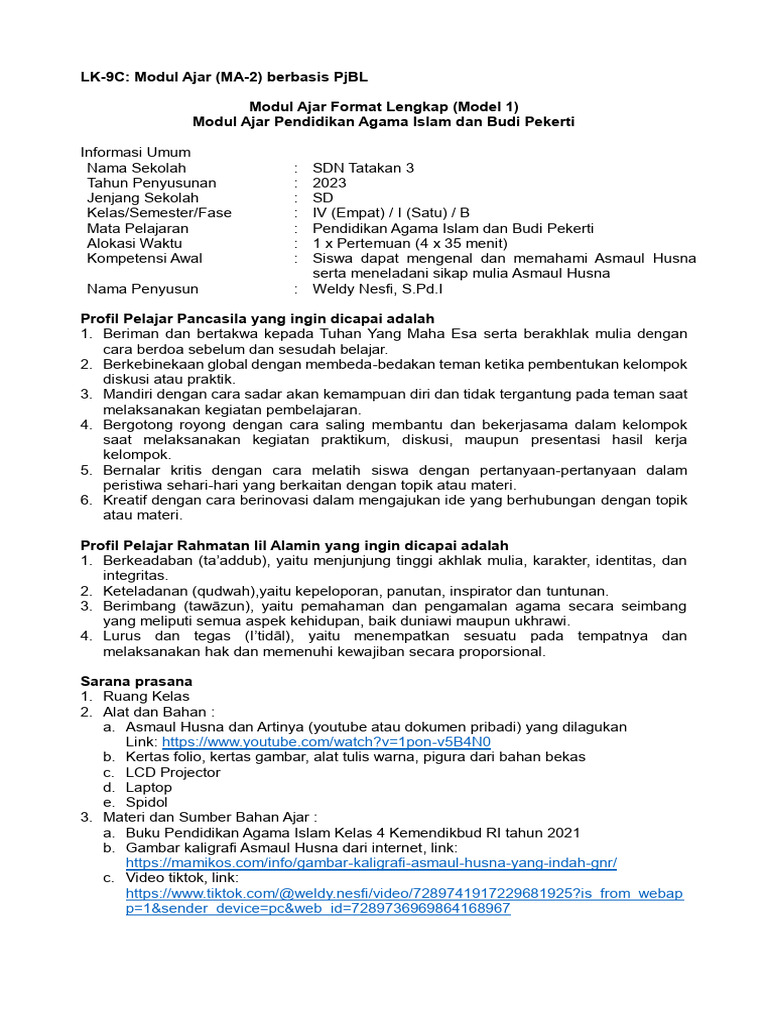 LK 9 Modul Ajar PjBL weldy revisi | PDF