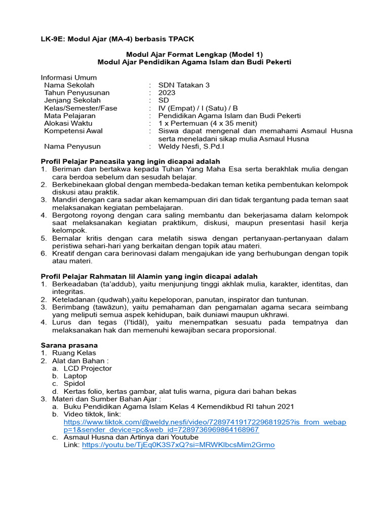 LK 9 Modul Ajar TPACK Weldy REVISI | PDF