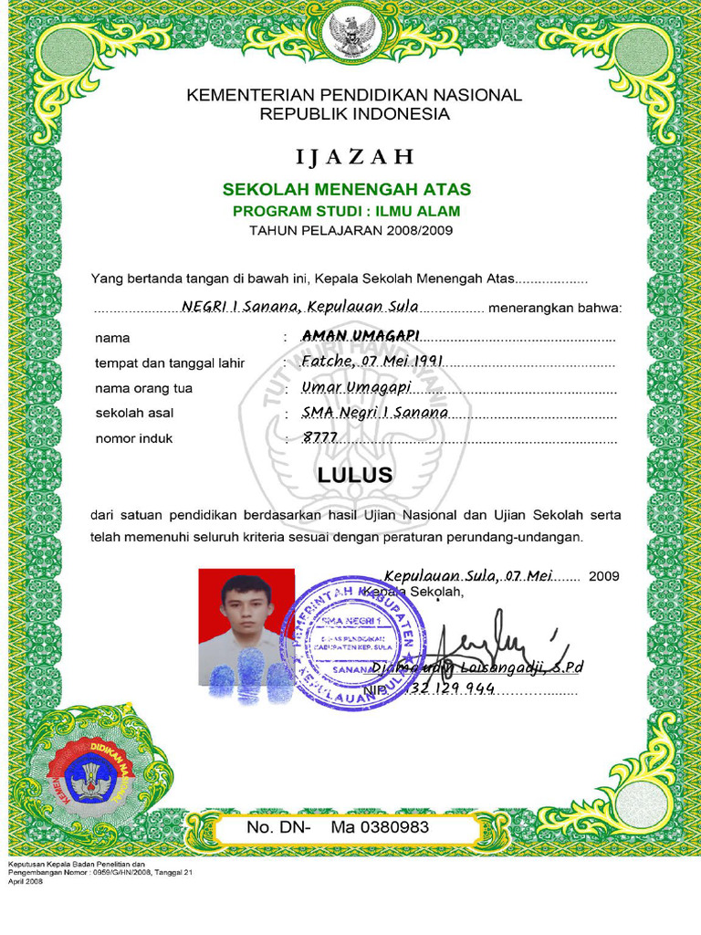 IJAZAH SMA IPA Hijau 2009 | PDF