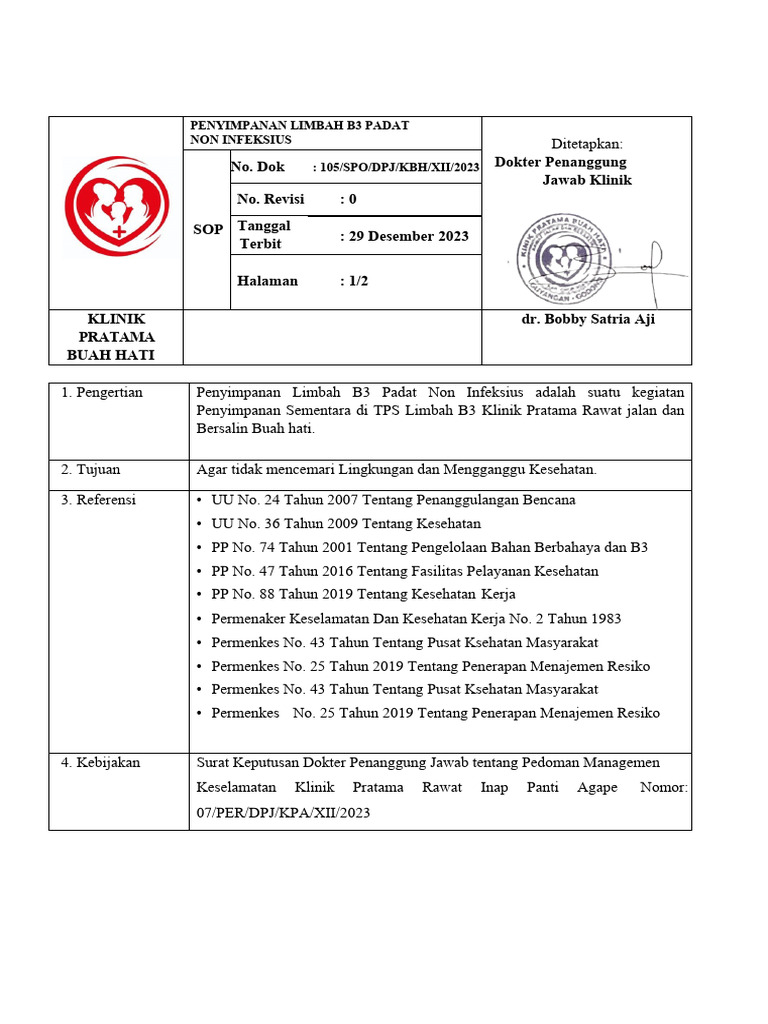 Sop Penyimpanan Limbah B3 Padat Non Infeksius - KBH | PDF