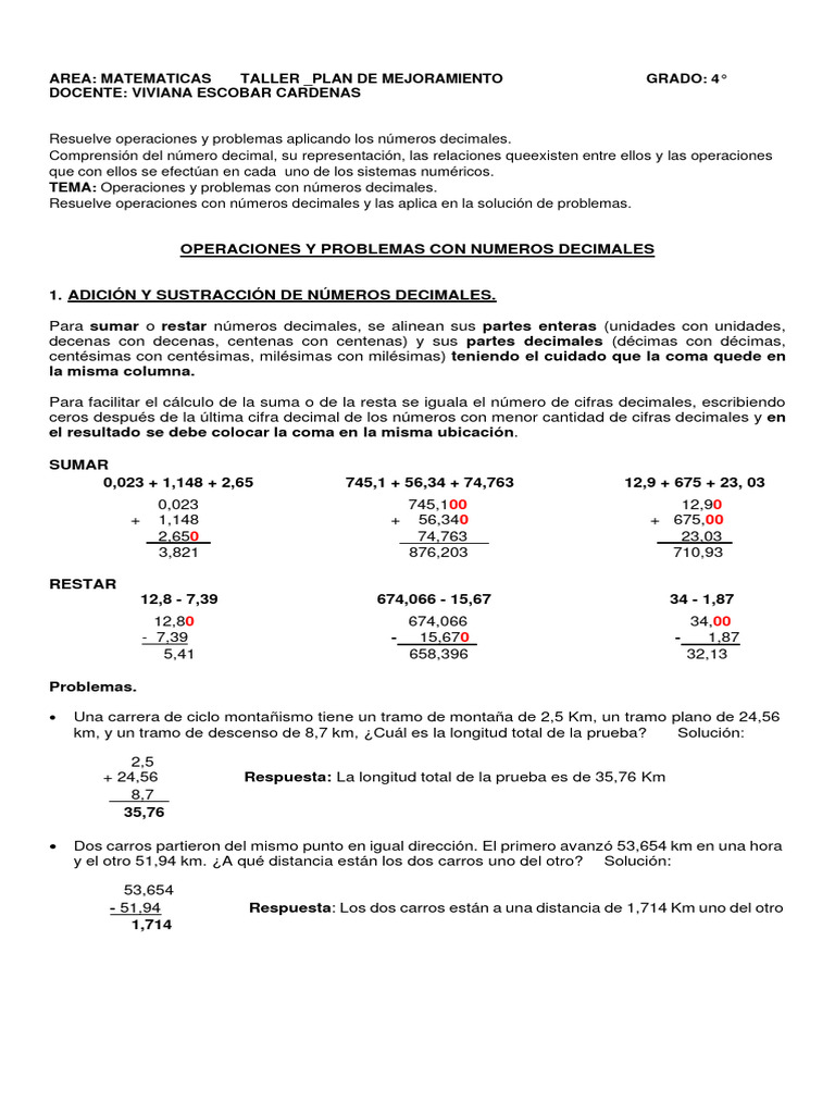 Taller de Problemas con Decimales 4° | PDF | División (Matemáticas ...