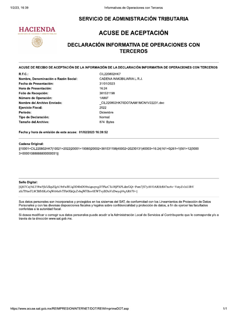 3.2.12.1 Acuse de aceptación DIOT Diciembre 2022 | PDF