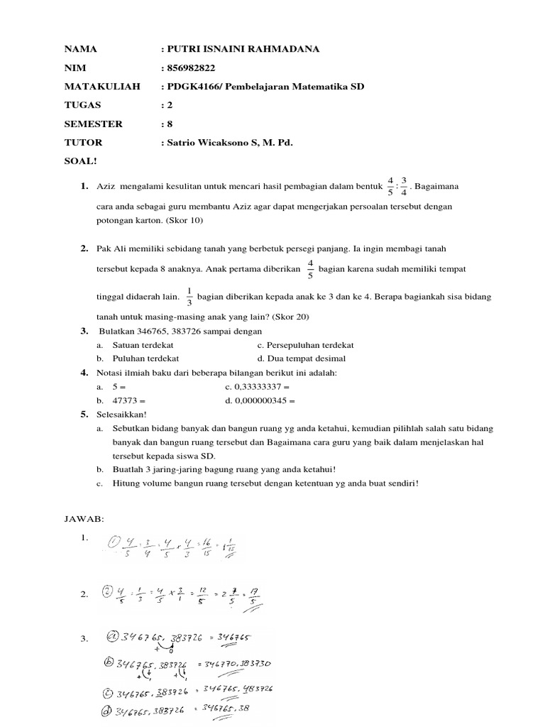 Kuis 2 Pembelajaran Matematika SD Putri Isnaini Rahmadana | PDF