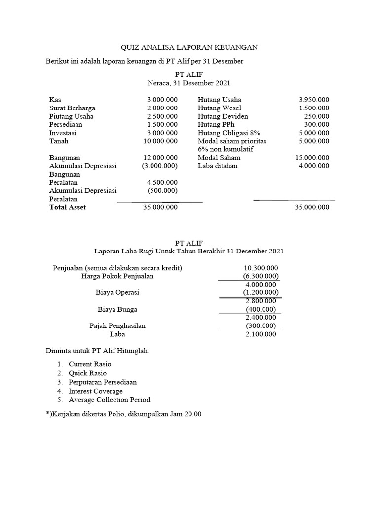 Quiz Analisa Laporan Keuangan | PDF | Pengelolaan Keuangan & Uang