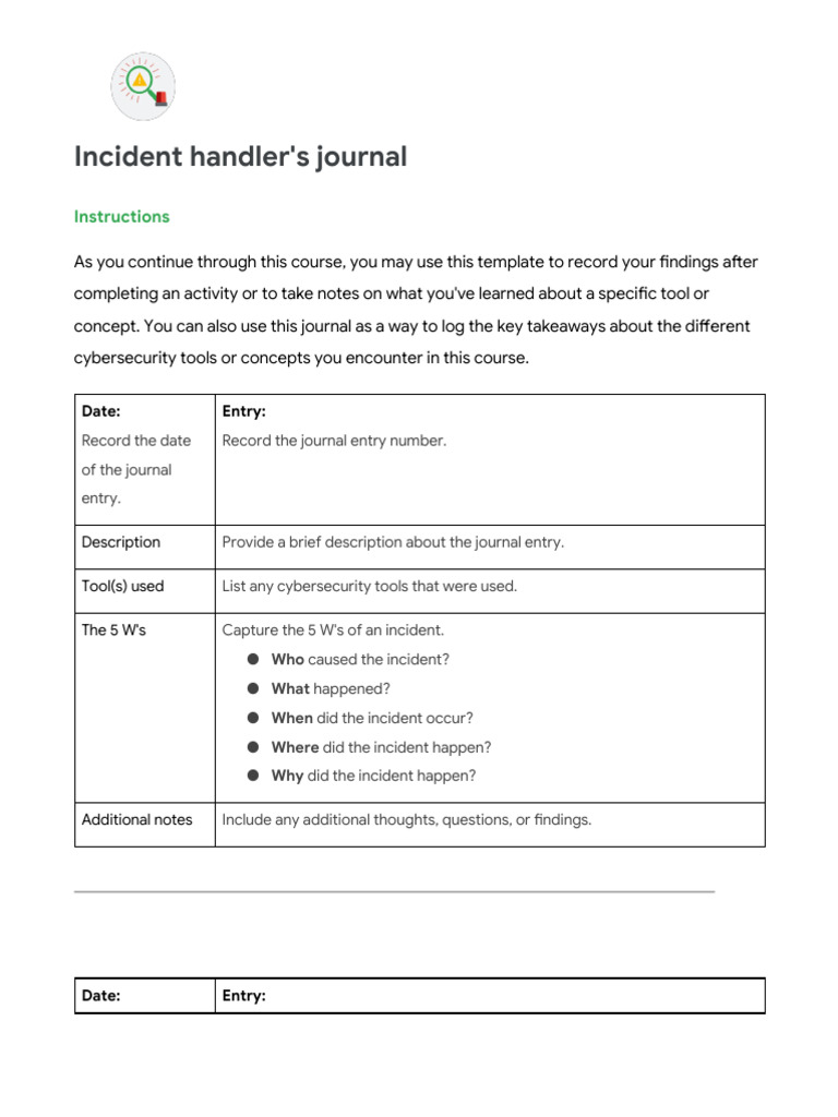 Cyber Incident Handler's Journal Template | PDF | Computing