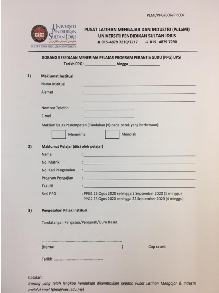 Borang Kesediaan Menerima Pelajar Ppg | PDF