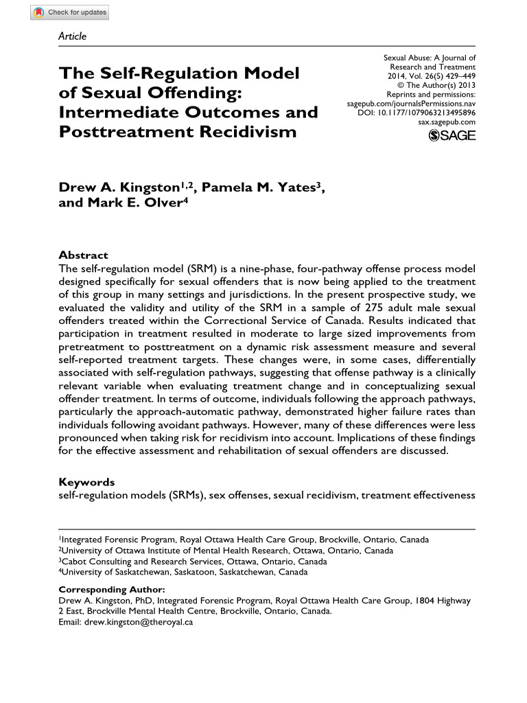 Kingston Et Al 2014 Self Regulation Model Of Sexual Offending Pdf Sex Offender Recidivism