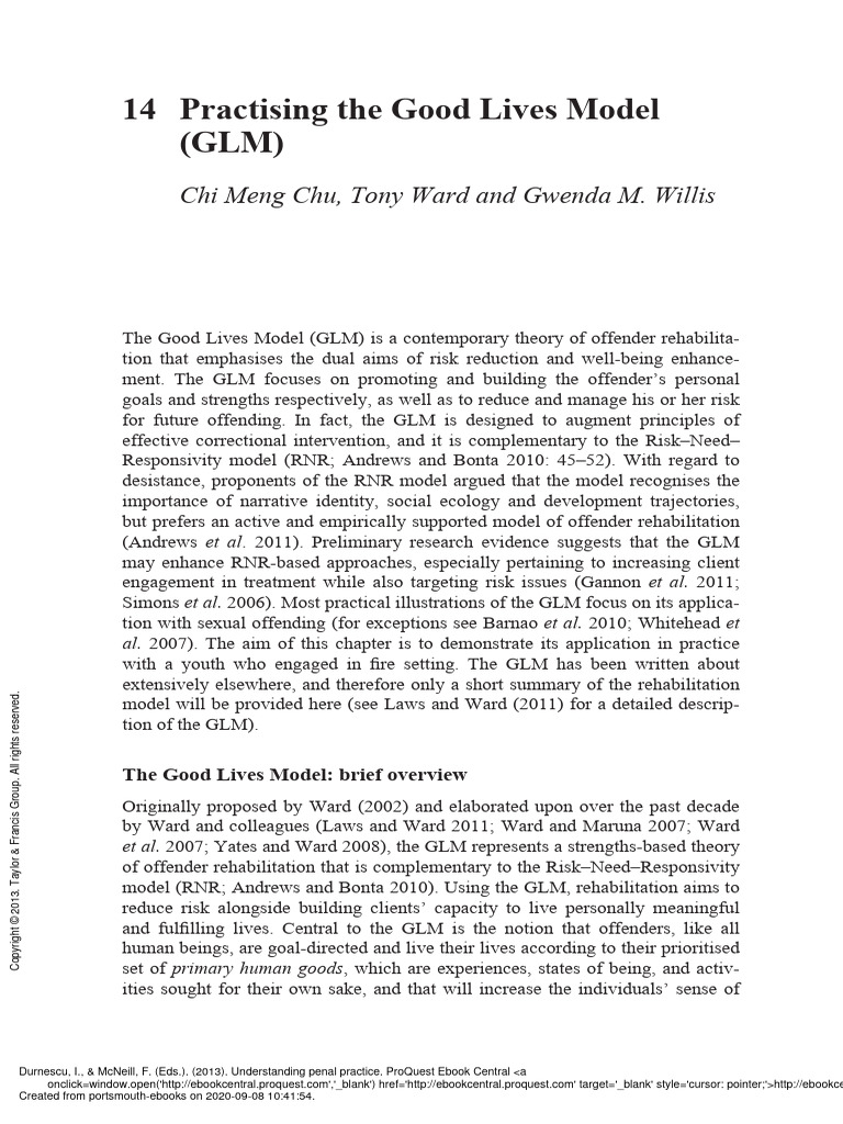 Chu - Et Al. - 2013 - Practicing The Good Lives Model | PDF | Goal | Risk