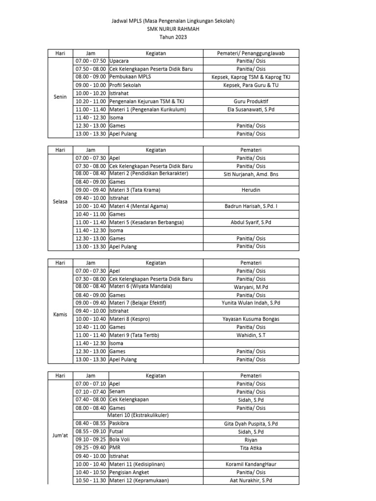 Jadwal MPLS SMK NR 2023 | PDF