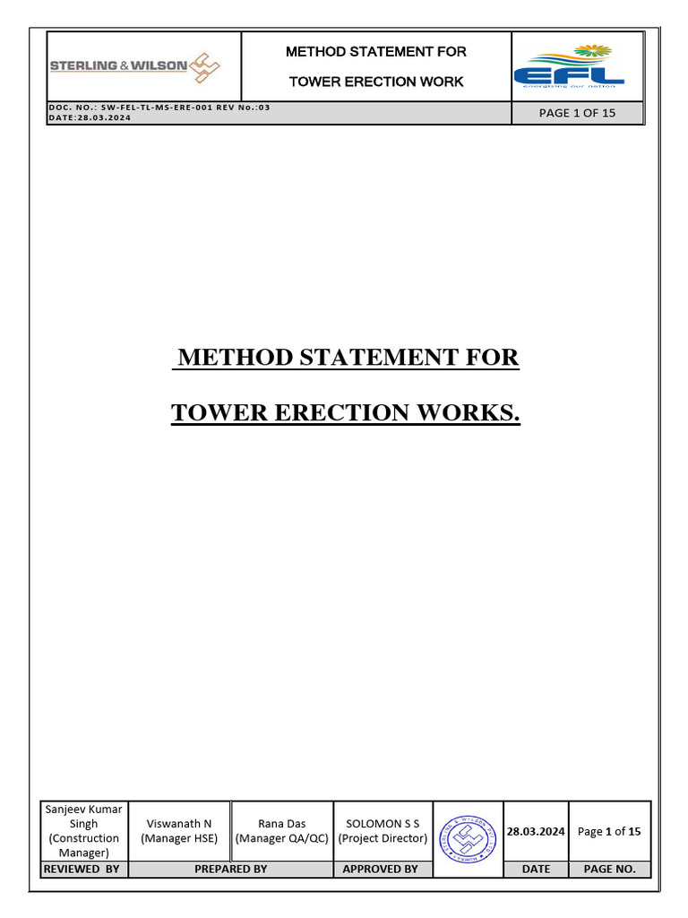 Method Statement For Tower Erection - Rev-3 Dated 28-03-24 | PDF | Safety | Specification ...