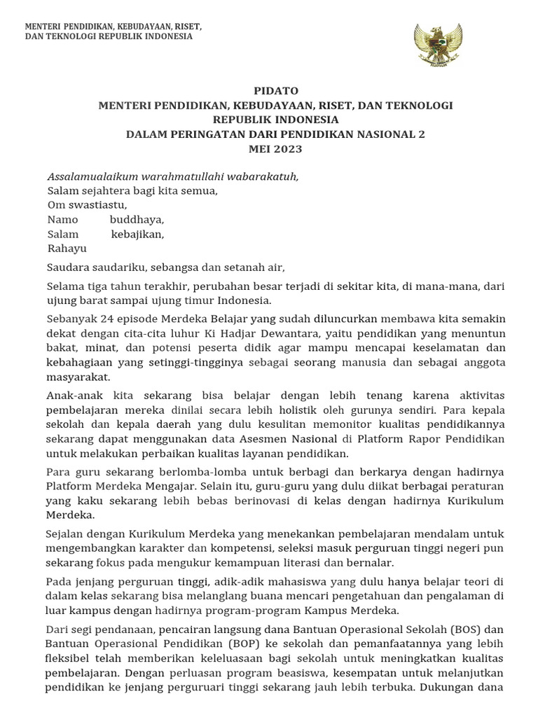 Pidato Mendikbudristek Untuk Upacara Peringatan Hardiknas 2023 | PDF | Ilmu Sosial