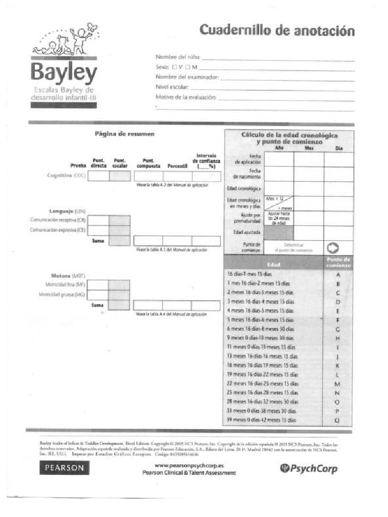 BAYLEY-III Cuadernillo de Anotación (Comprimido) | PDF