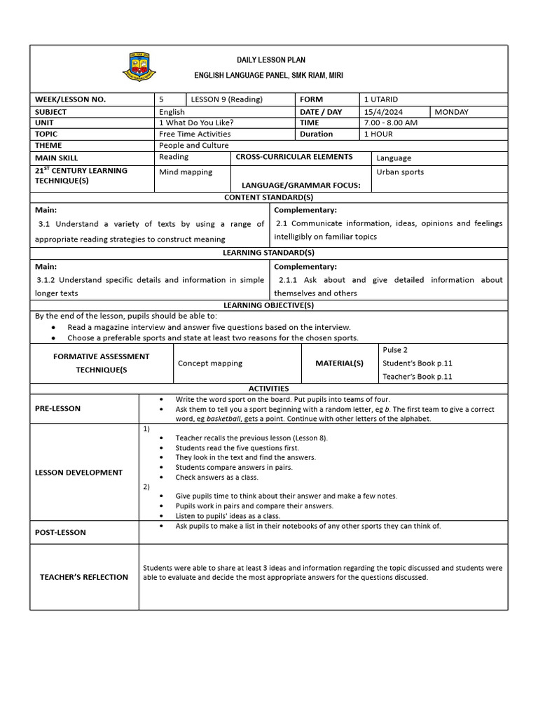 Lesson Plan Week 6 ERPH 6 | PDF | Question | Lesson Plan