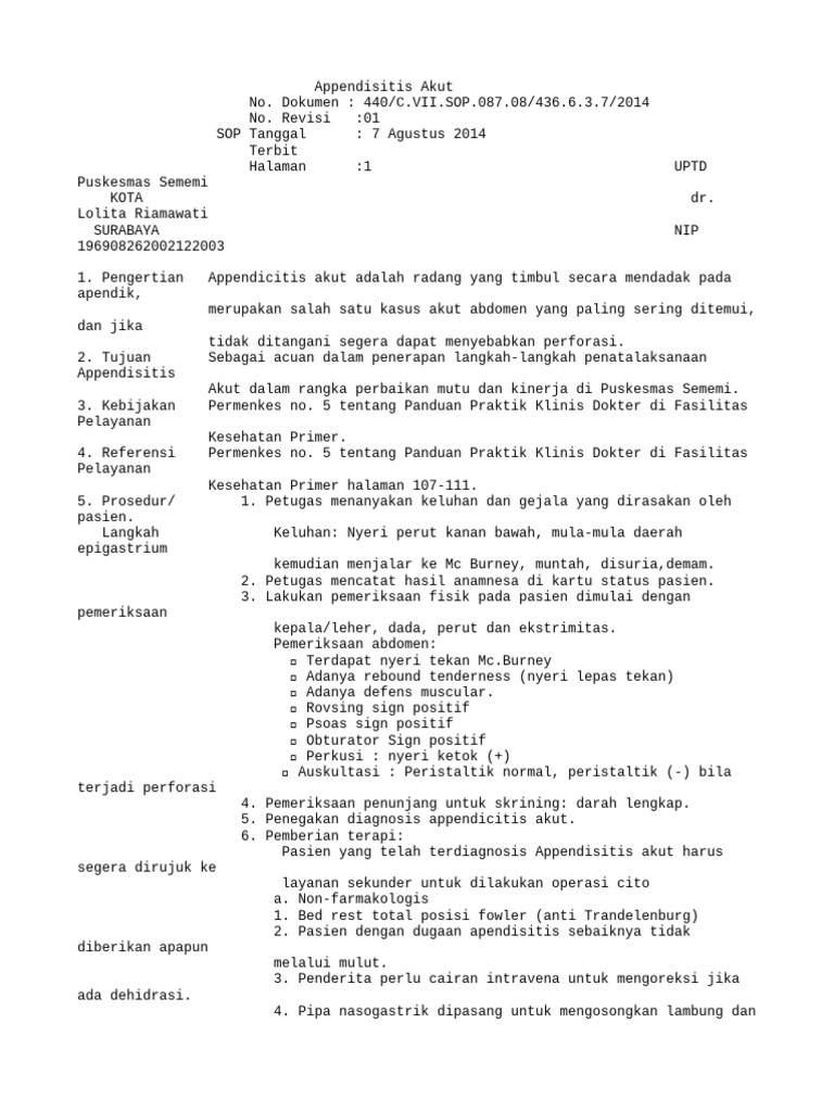 SOP Appendicitis Akut PKM Sememi Ok PDF | PDF
