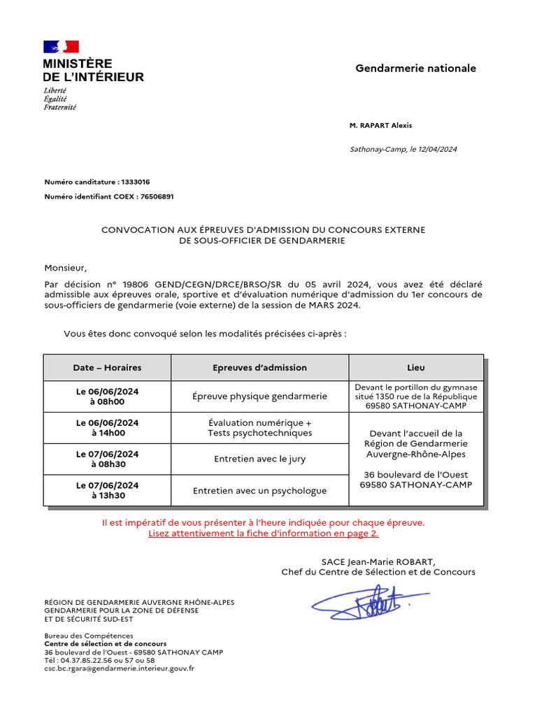 Convocation Concours Sous-Officier Gendarmerie | PDF