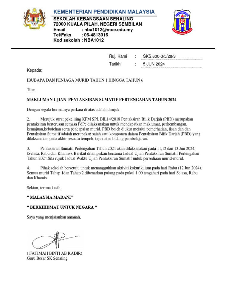 Surat Makluman Ujian Pentaksiran Sumatif - 2024-1 | PDF