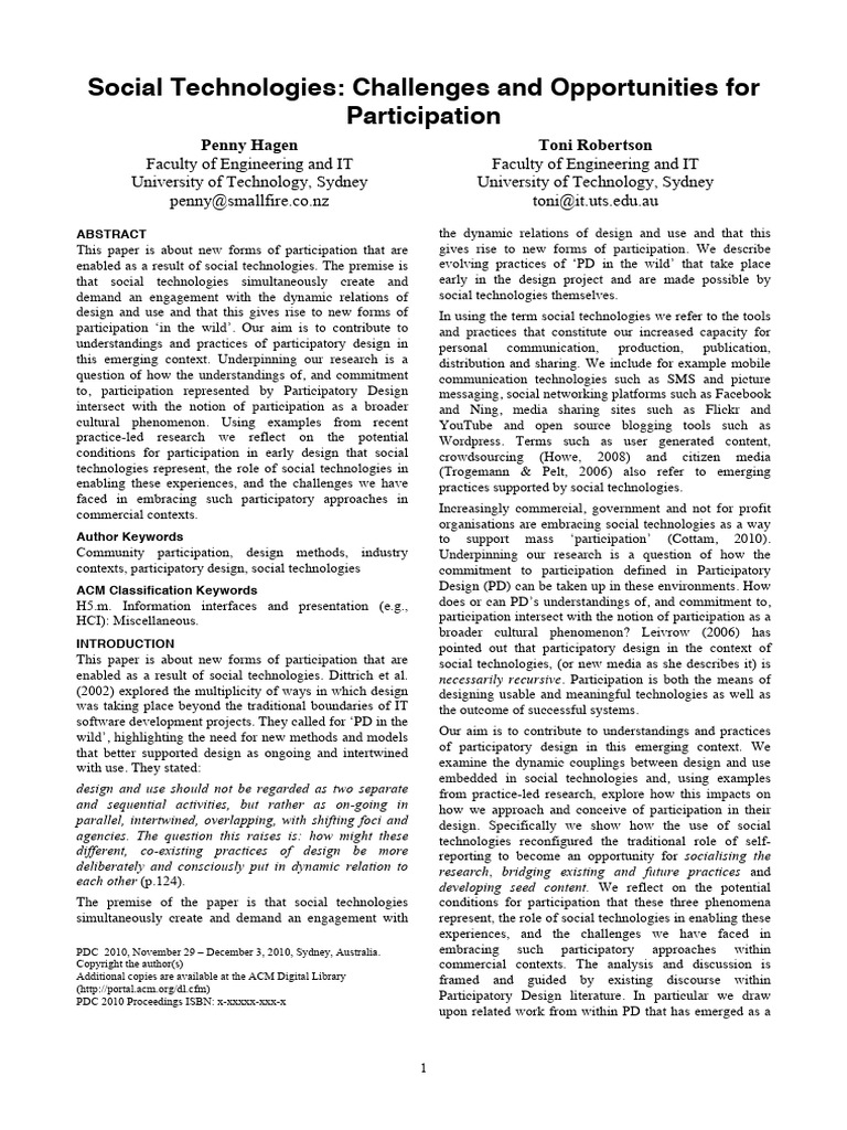 Social Technologies: Challenges and Opportunities For Participation ...