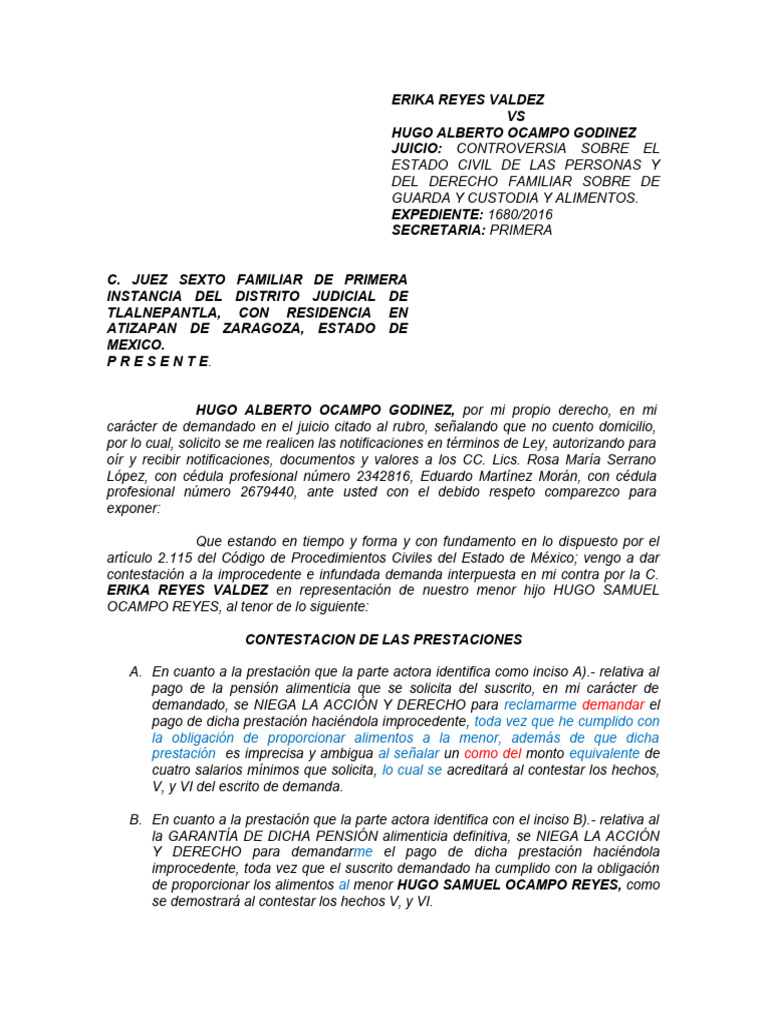 Hugo A Ocampo Godinez-Alimentos y Guarda y Custodia Ok | PDF | Pensión alimenticia | Caso de ley