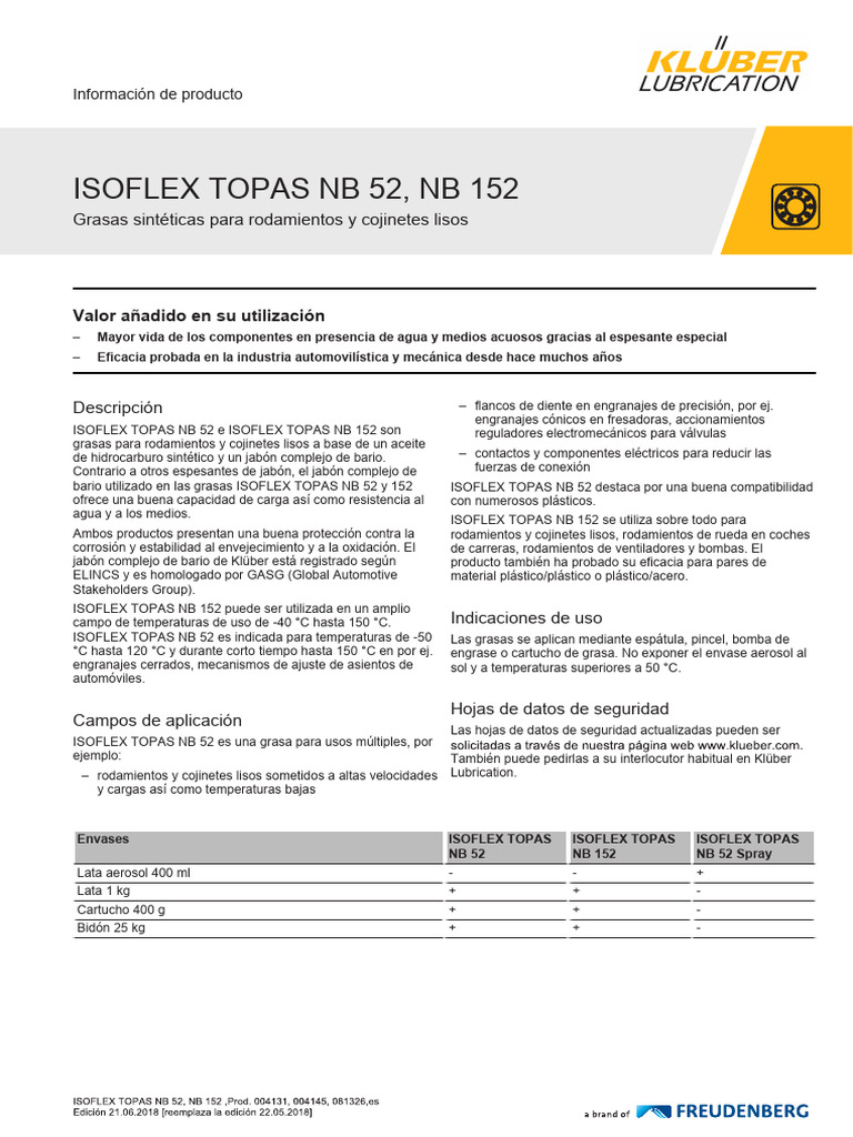 Isoflex Topas NB Kluber | PDF | Rodamiento (Mecánico) | Engranaje