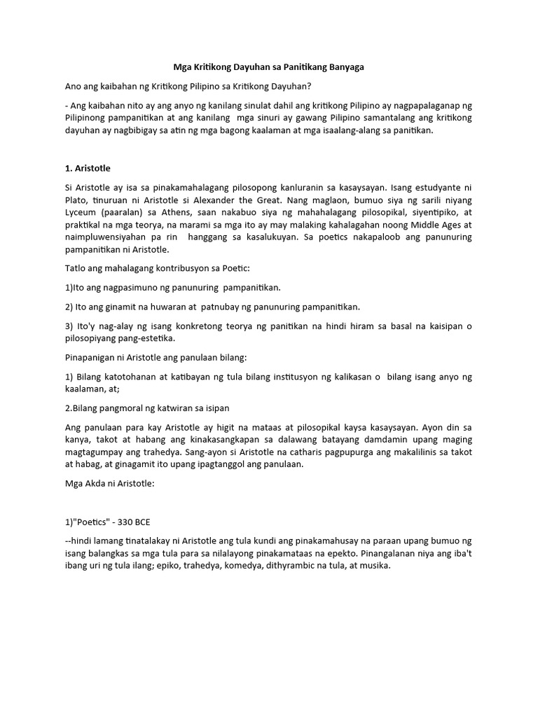Mga Kritikong Dayuhan Sa Panitikang Banyaga Narce | PDF
