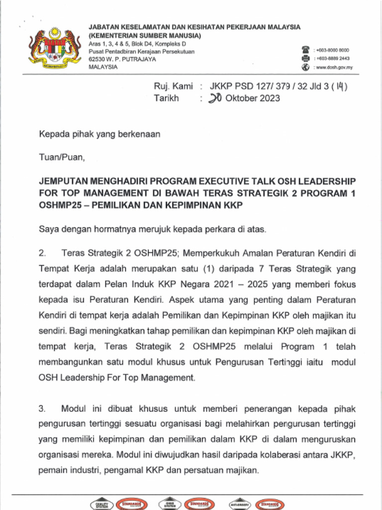 Surat Jemputan Menghadiri Program Executive Talk OSH Leadership For Top Management | PDF