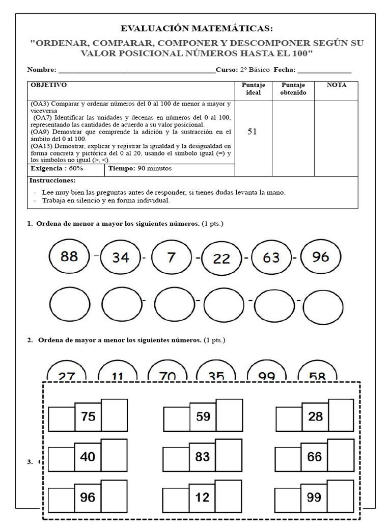 2° Prueba - Odenar, Comparar, Componer y Descomponer Según Valor ...