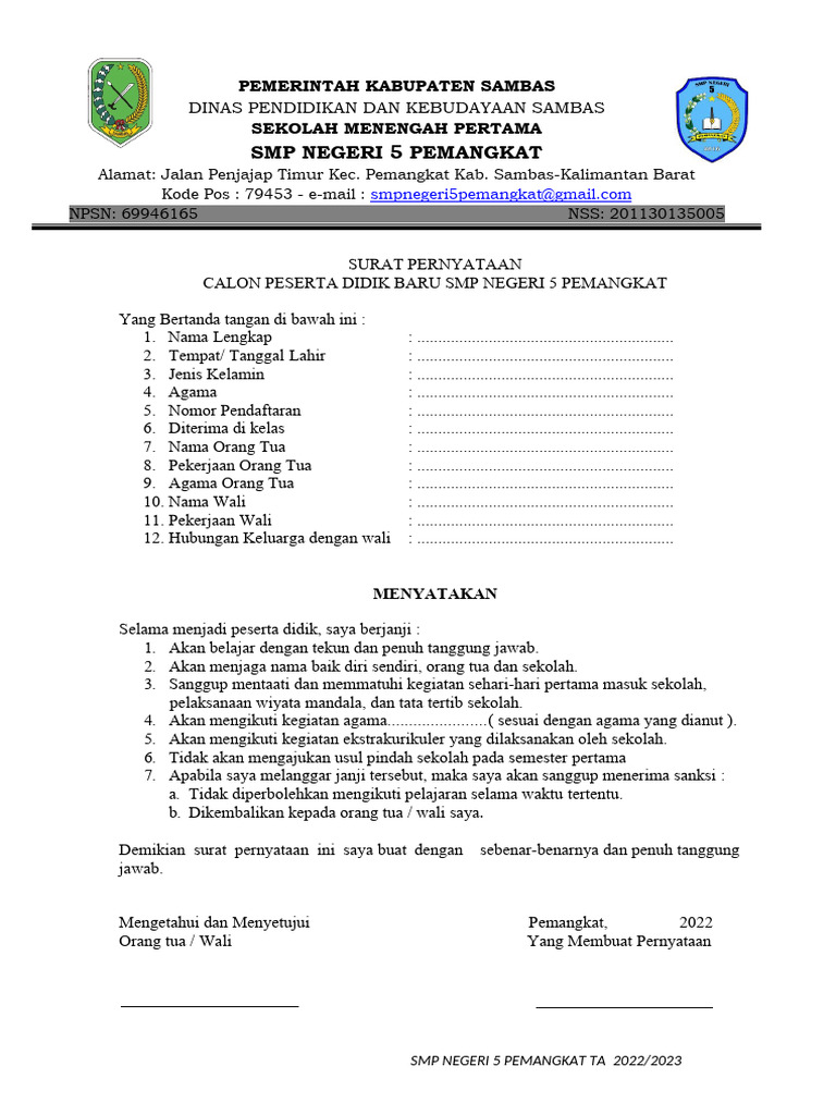 Surat Pernyataan PPDB | PDF