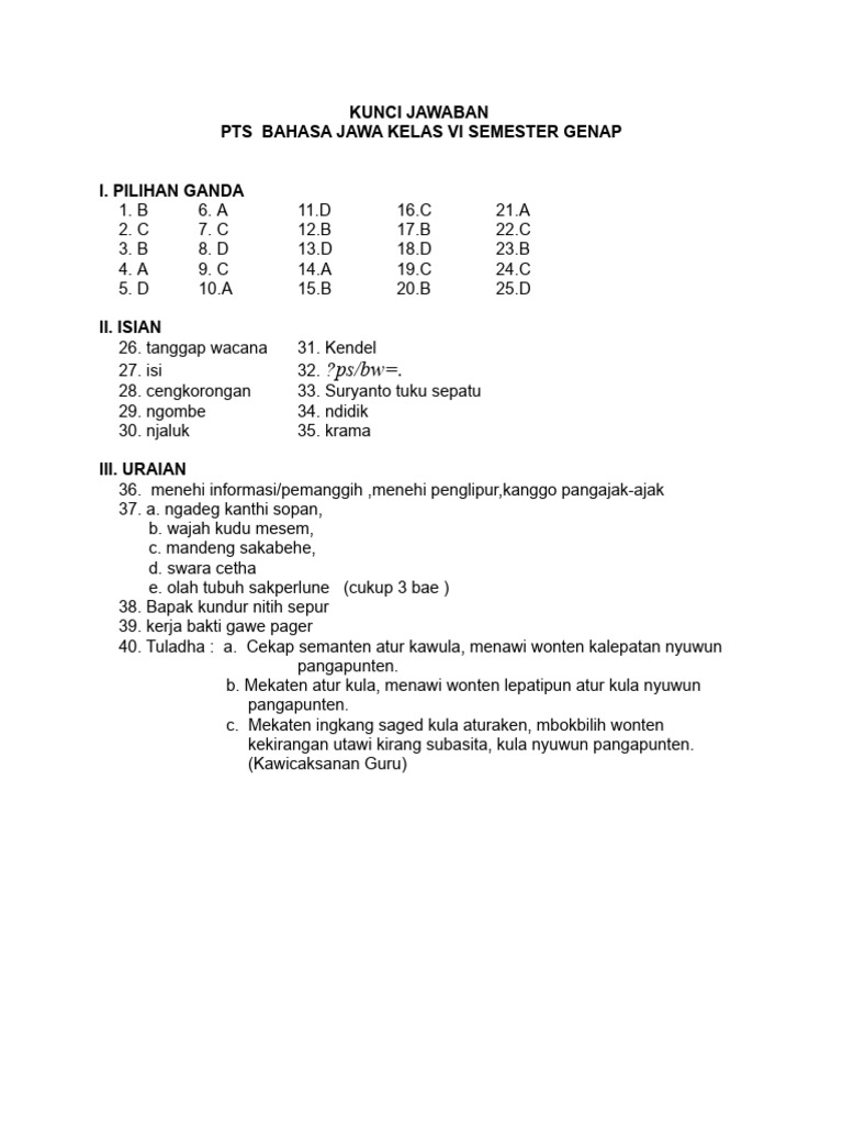 Kunci Jawaban PTS 2 Bahasa Jawa Kelas 6 K13 | PDF