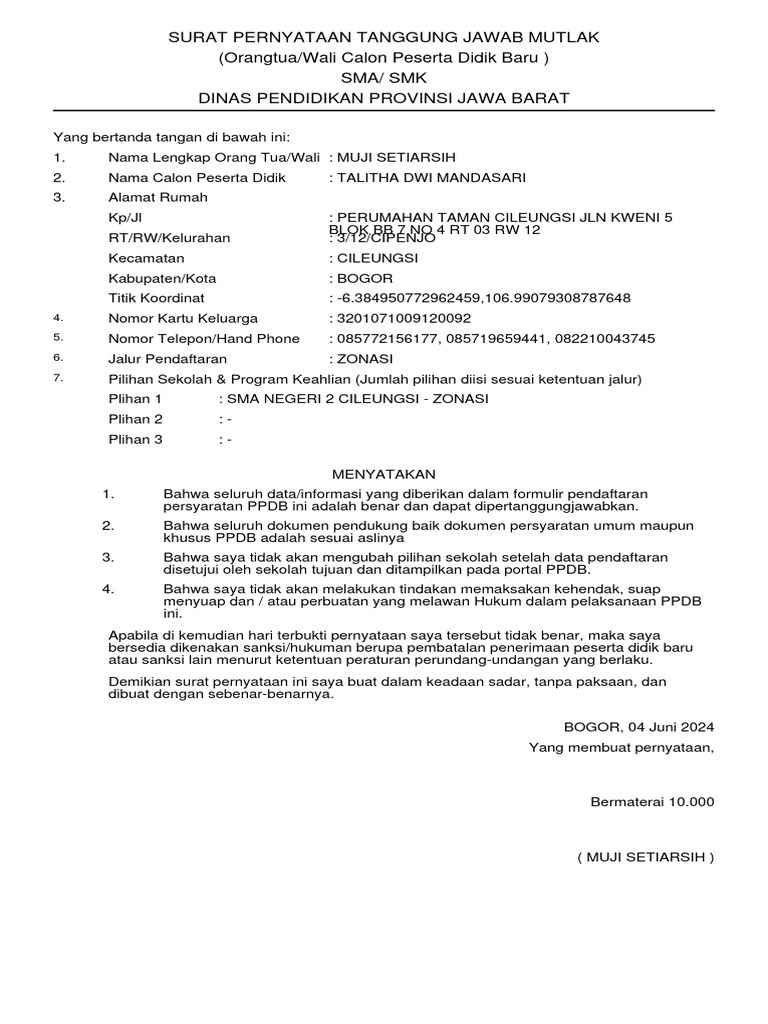 Surat Pernyataan Tanggung Jawab Mutlak - Talitha Dwi Mandasari | PDF | Hukum