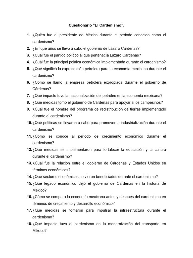 Cuestionario Sobre El Cardenismo Pdf