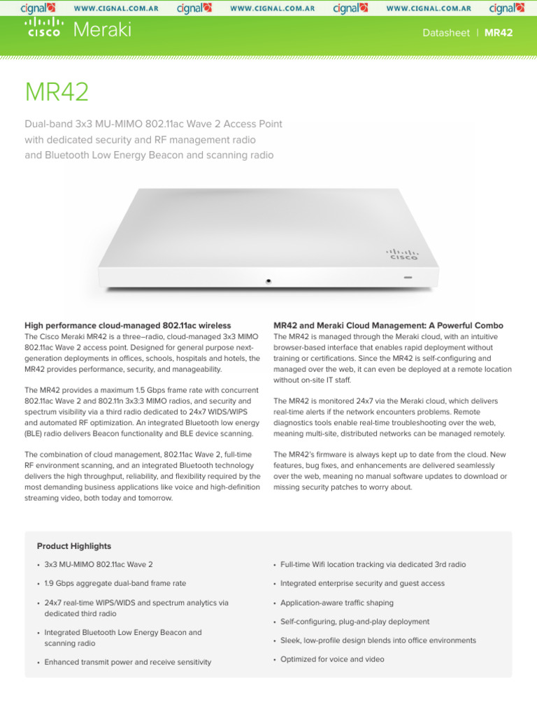 Cisco Meraki Datasheet MR42 | PDF | Ieee 802.11 | Bluetooth