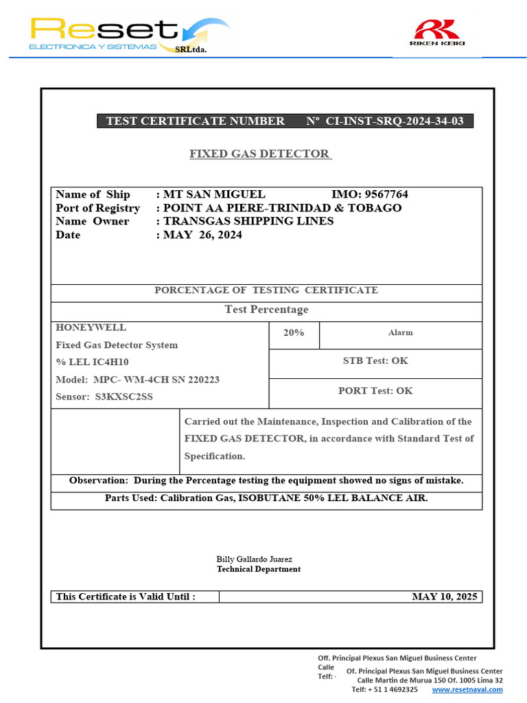 Ci-Inst-Srq-2024-28-002 - Fixed Gas Detector Toka TS-303 SN 9472 - MT Andino Nu | PDF