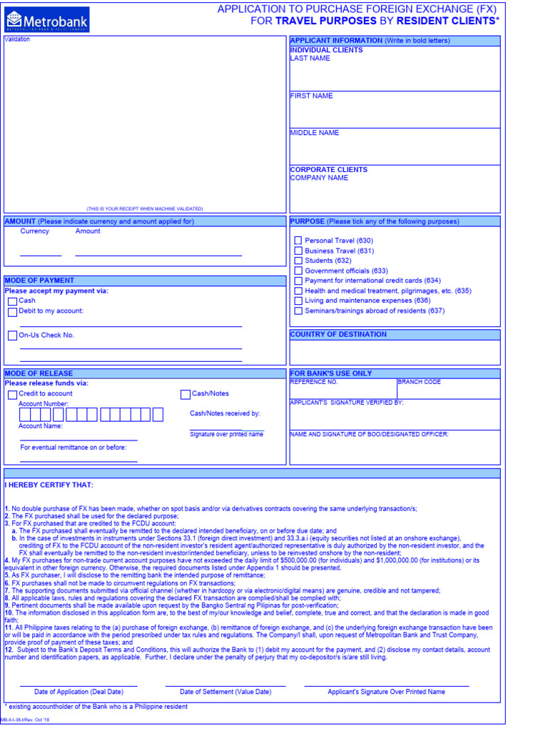 Application To Purchase Foreign Exchange For Travel Purposes by Resident Clients | PDF ...