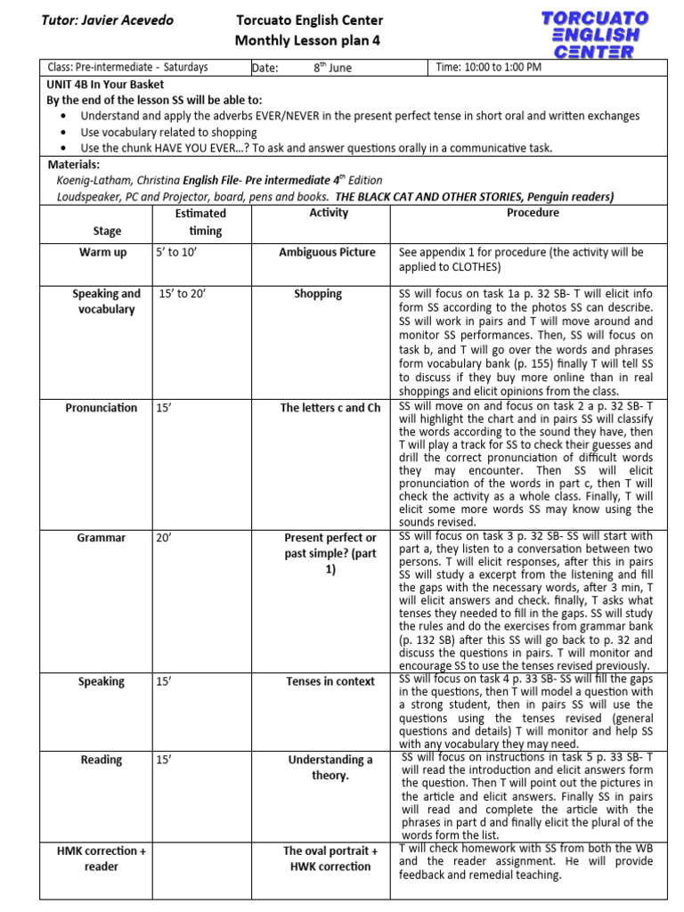 Torcuato English Center PLANTILLA | PDF | Grammatical Tense | Vocabulary
