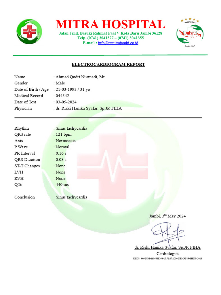 Mitra Hospital: Electrocardiogram Report | PDF