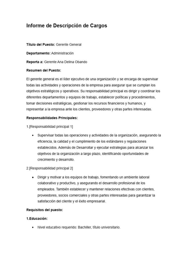 Informe de Descripción de Cargos (Gerente) | PDF | Business | Negocios económicos